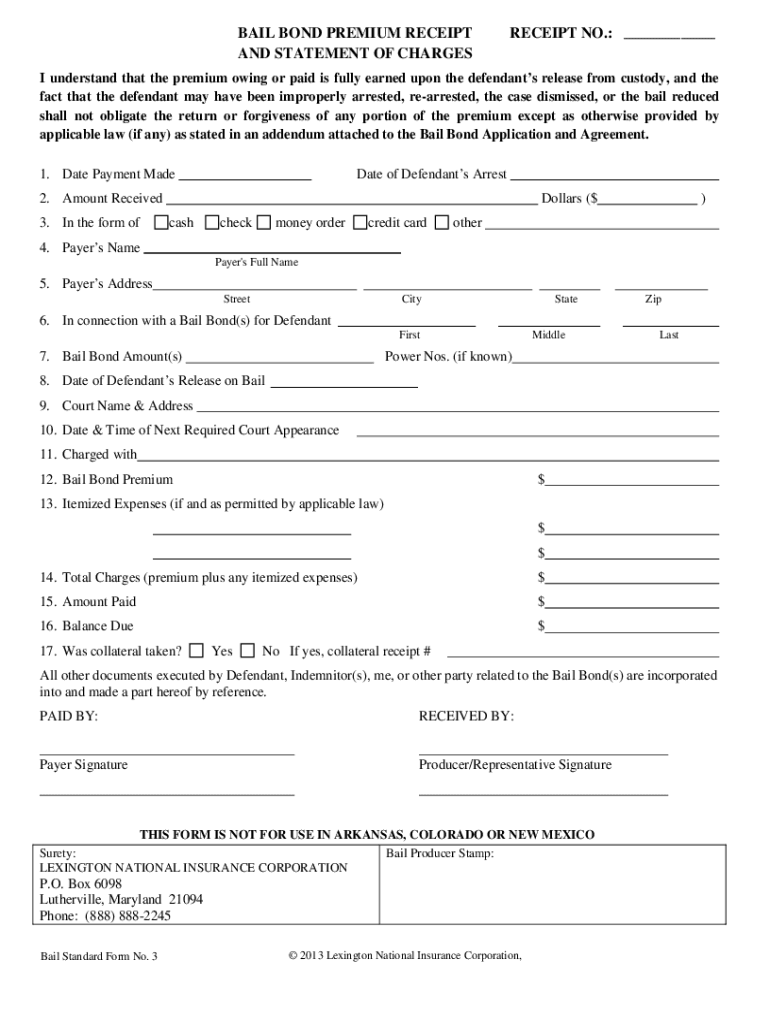 Fillable Online BAIL BOND PREMIUM RECEIPT RECEIPT NO.: AND STATEMENT OF ...