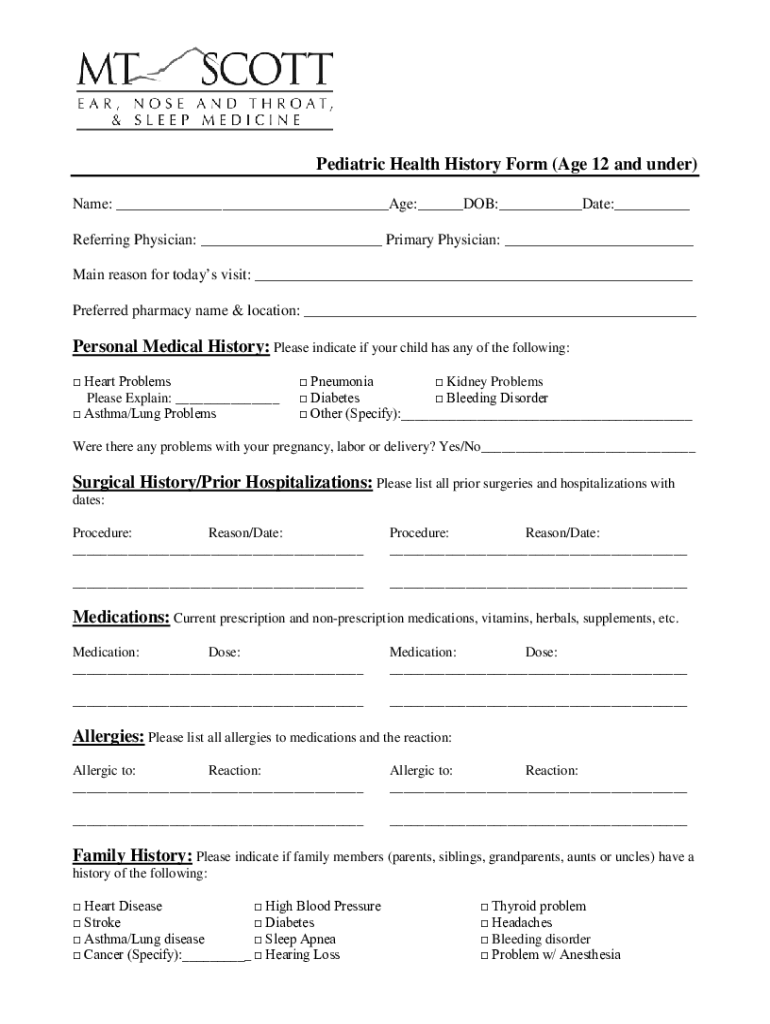 Fillable Online Pediatric Health History Form (Age 12 and under) Fax Email Print - pdfFiller