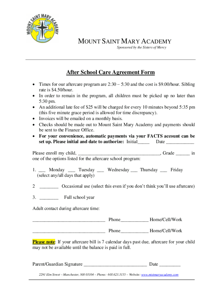 Fillable Online After School Care Agreement Form Fax Email Print ...