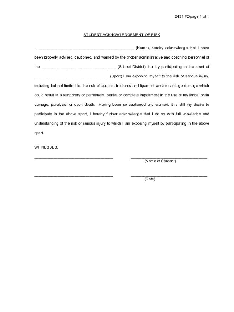 Fillable Online Student Acknowledgement of Understanding for ...