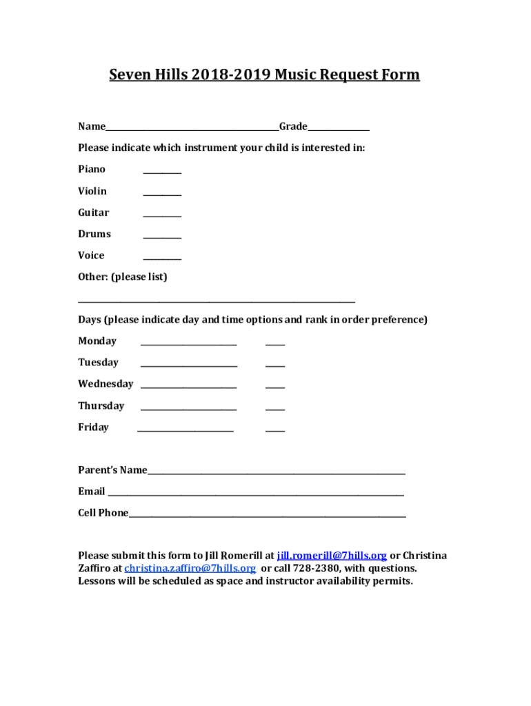 Fillable Online Seven Hills 2018-2019 Music Request Form Fax Email ...