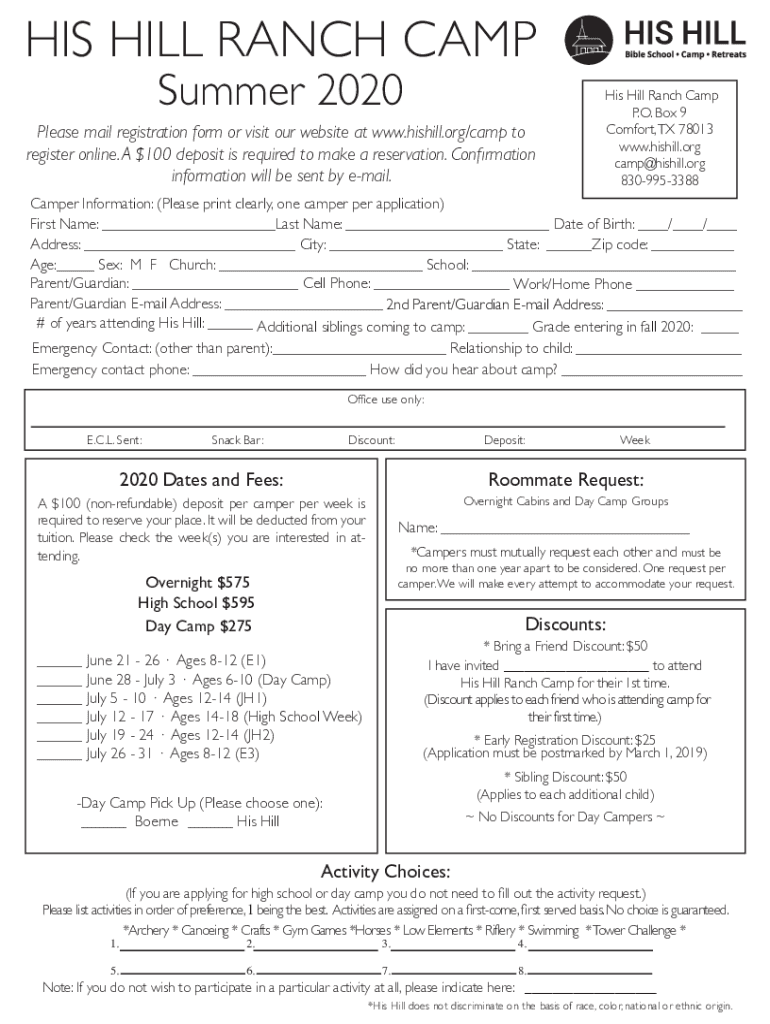 Fillable Online Elementary Overnight - His Hill Bible School & Ranch ...