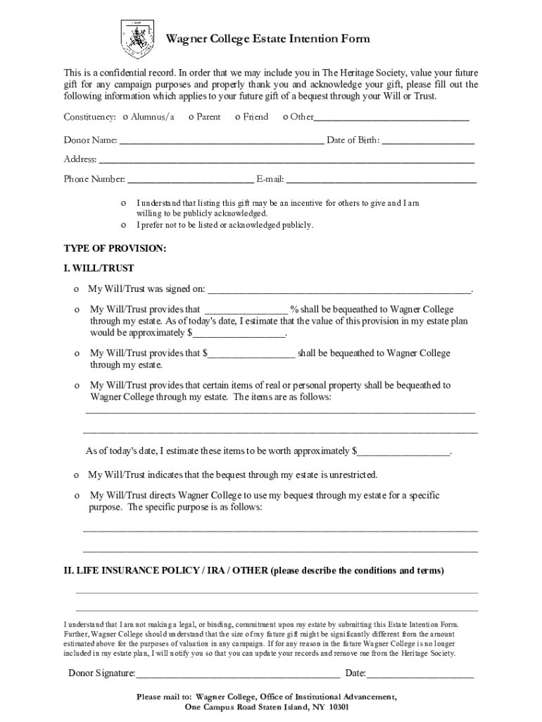 Fillable Online Estate Intention Form - wagner.edu Fax Email Print ...