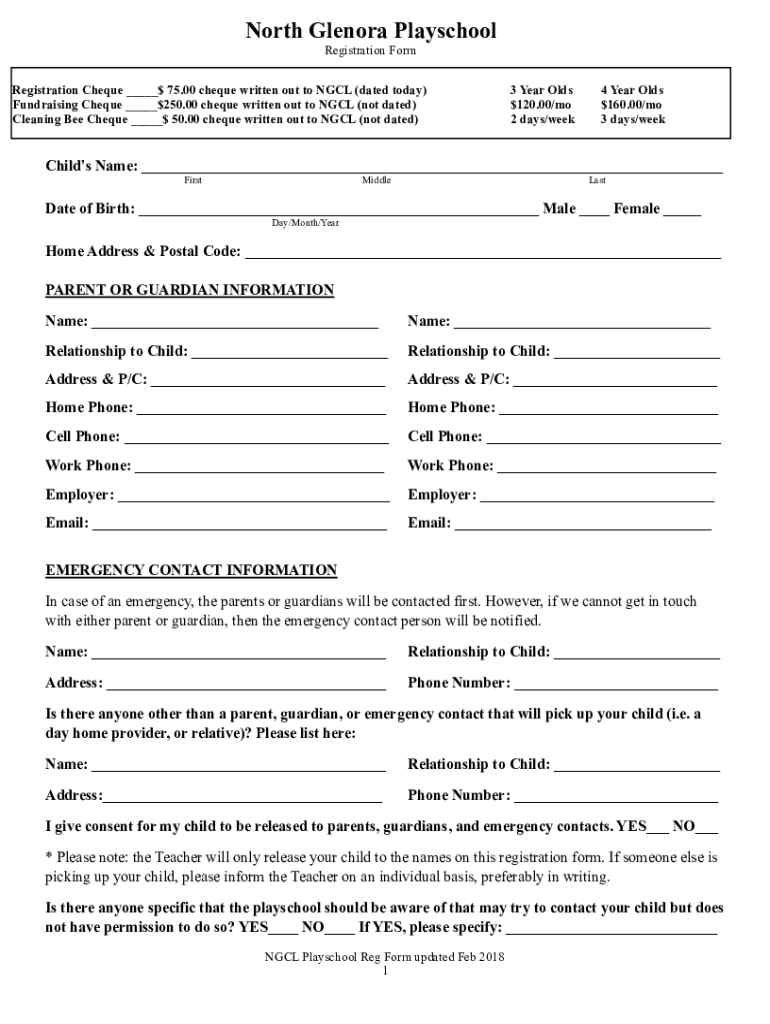 Fillable Online NGCL Playschool Registration Form Fax Email Print ...