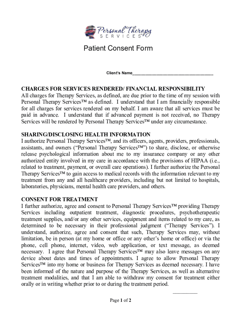 Fillable Online Patient Consent Form - Personal Therapy Services Fax Email Print - pdfFiller