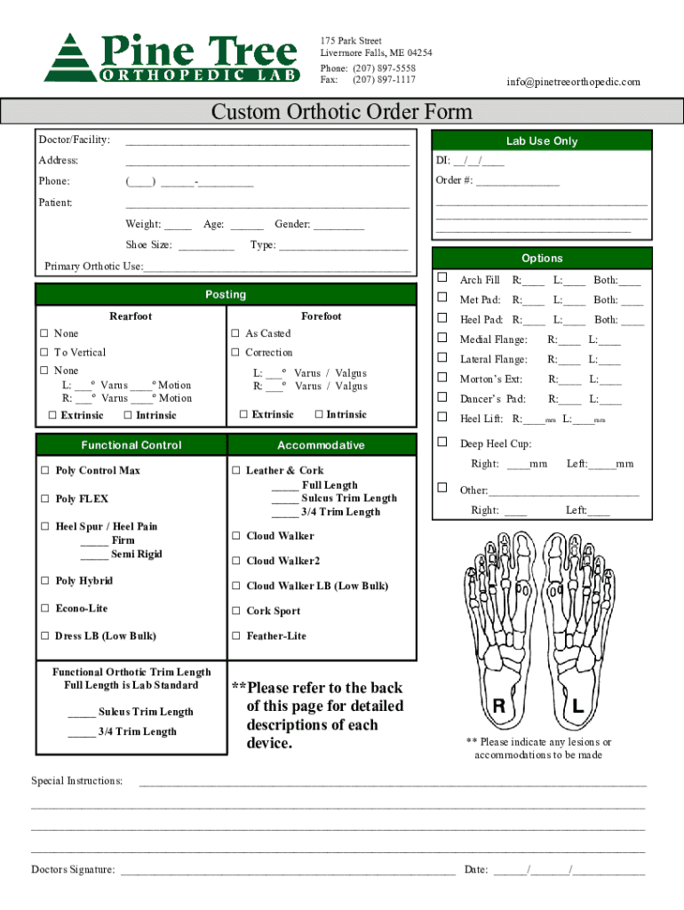 Fillable Online infopinetreeorthopedic.com Custom Orthotic Order Form ...