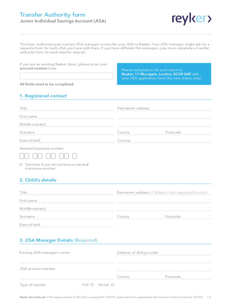 Fillable Online Transfer torit form - Reyker Fax Email Print - pdfFiller