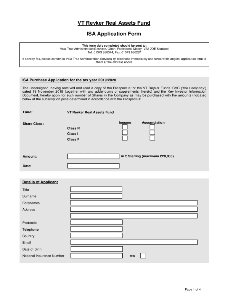Fillable Online VT Reyker Real Assets Fund ISA Application Form Fax ...