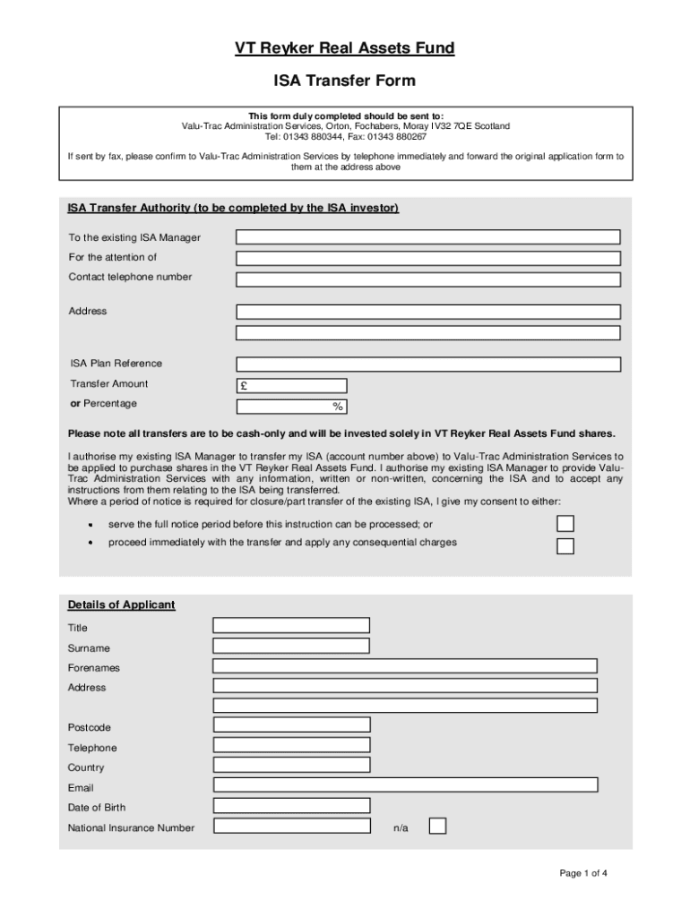 Fillable Online VT Reyker Real Assets Fund JISA Application Form Fax ...
