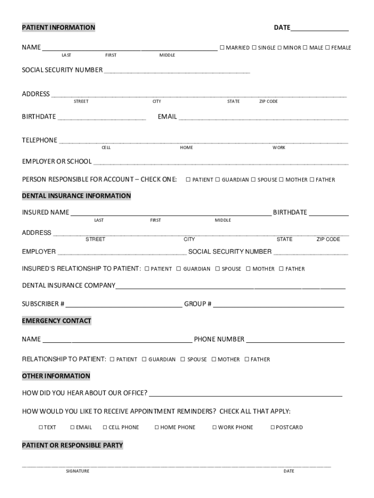 Fillable Online PATIENT INFORMATION Date Name Married Single Minor Male Female Fax Email Print ...