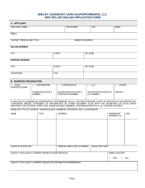 Fillable Online NEW DEALER APPLICATION FORM - Shelby Legendary Cars Fax ...