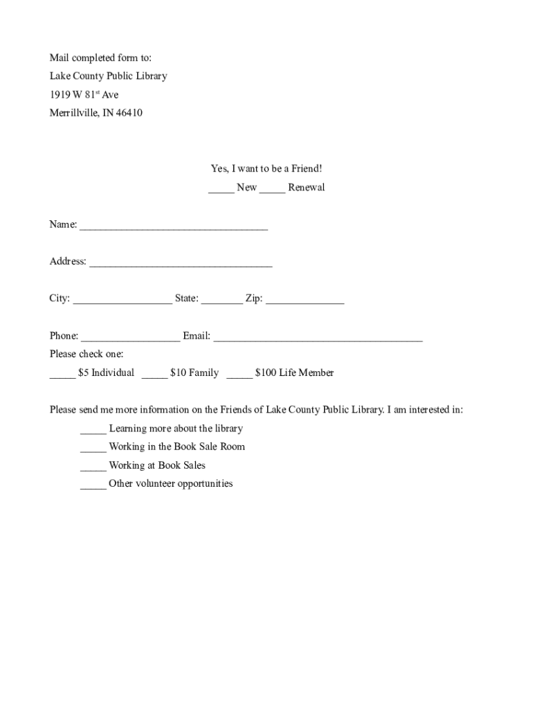 Fillable Online Mail completed form to: Lake County Public Library 1919 W 81st Fax Email Print ...