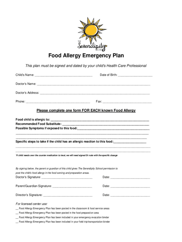 Fillable Online Food Allergy Emergency Plan This plan must be signed ...