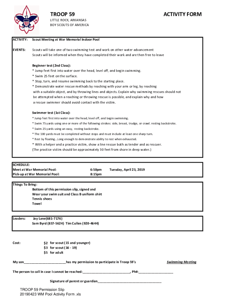 Fillable Online Scouts will take one of two swimming test and work on ...
