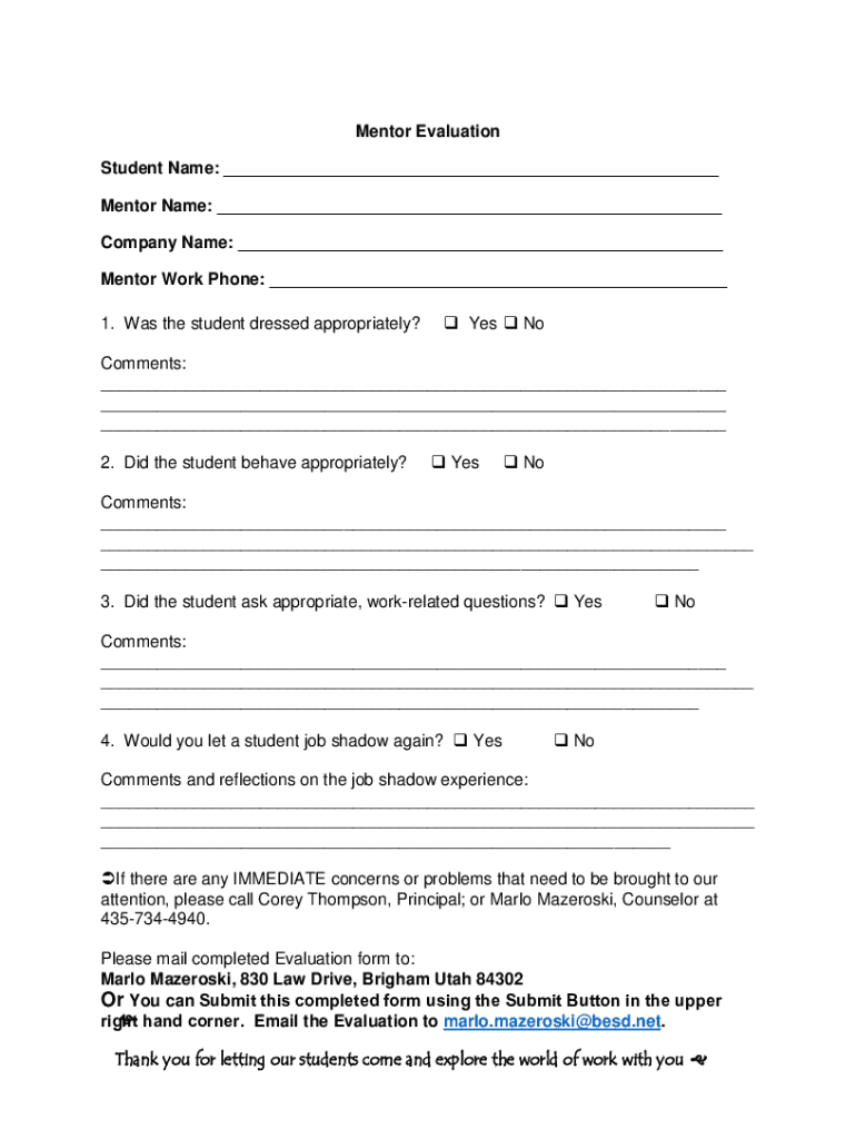 Fillable Online Mentor Evaluation Form. Job Shadowing Fax Email Print ...