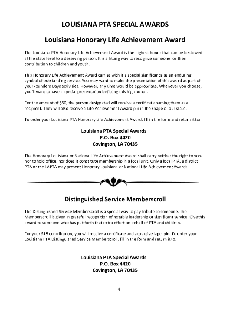 Fillable Online Life Achievement Awards - Run Your PTANational PTA Fax ...