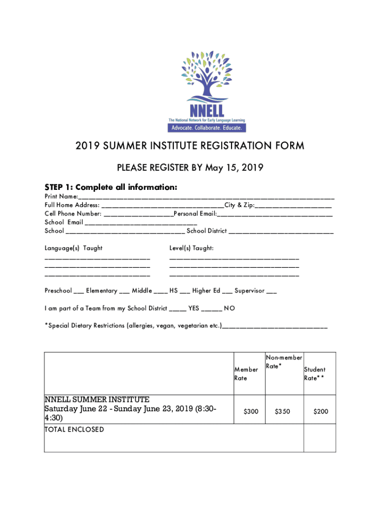 Fillable Online 2019 SUMMER INSTITUTE REGISTRATION FORM Fax Email Print ...