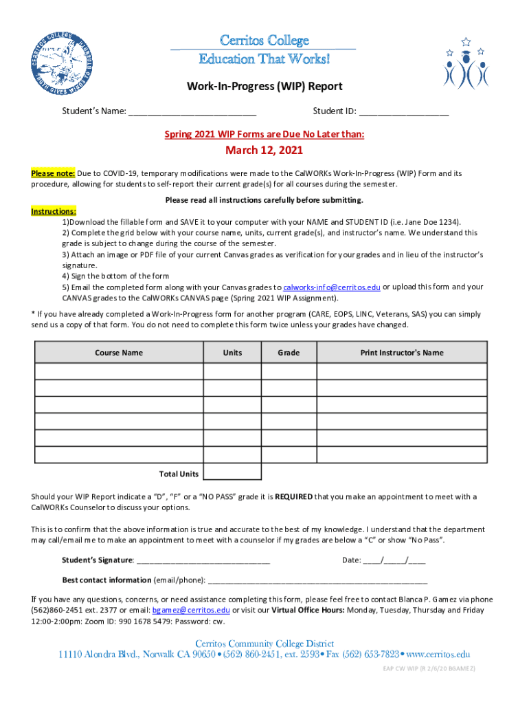 Fillable Online Cerritos College CalWORKs - Work-In-Progress (WIP) Report Fax Email Print ...