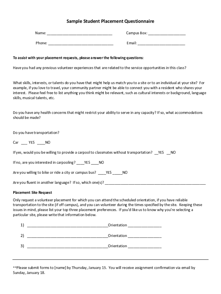 Fillable Online Sample Student Placement Questionnaire - Service ...
