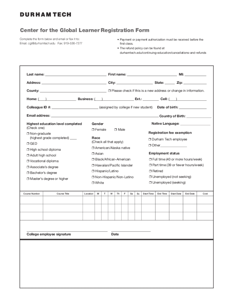 Fillable Online Center for the Global Learner Registration Form Fax ...