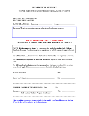 Fillable Online TRAVEL ACKNOWLEDGMENT FORM FOR GRADUATE STUDENTS Fax ...