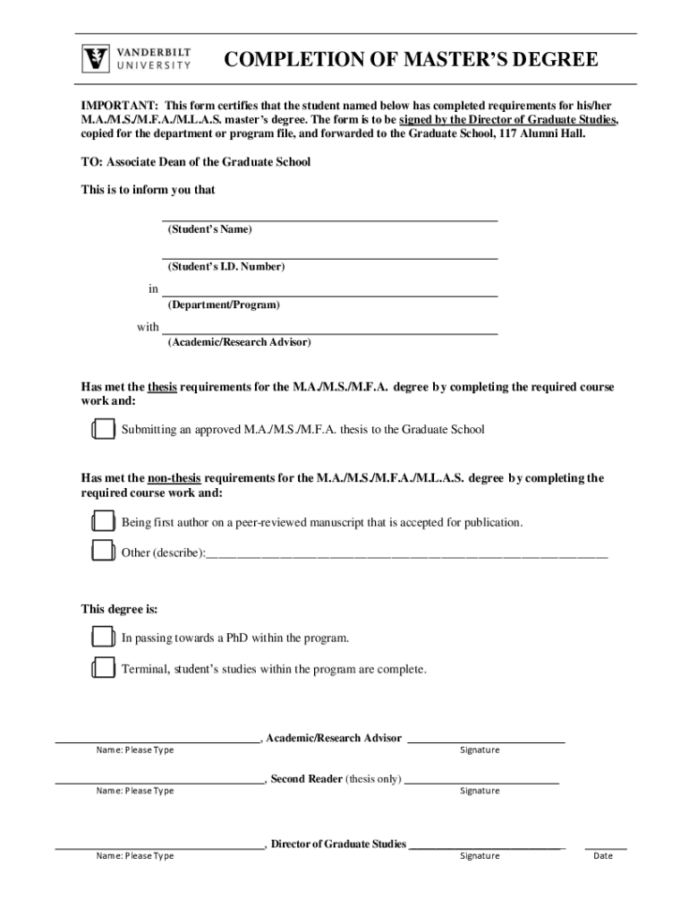 Fillable Online gradschool vanderbilt COMPLETION OF MASTERS DEGREE ...