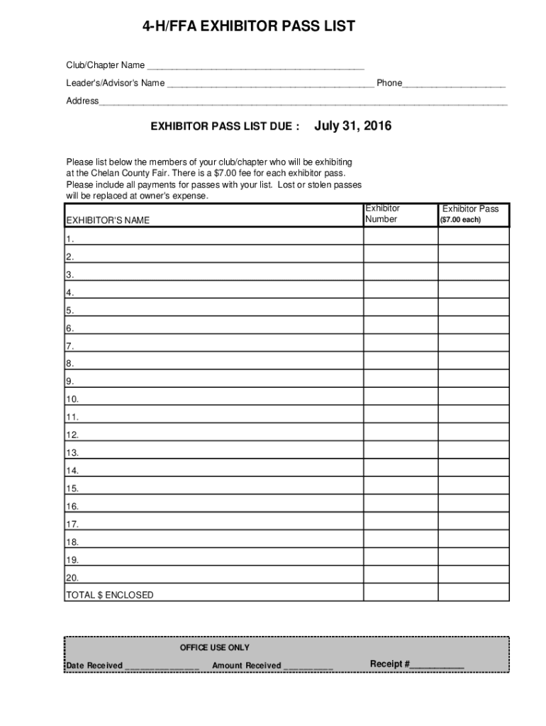 Fillable Online 4-H/FFA EXHIBITOR PASS LIST Fax Email Print - pdfFiller