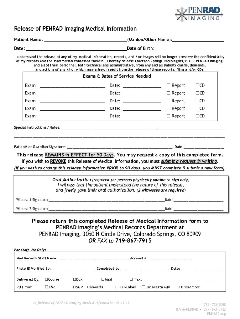 Fillable Online Release of PENRAD Imaging Medical Information (Inside ...