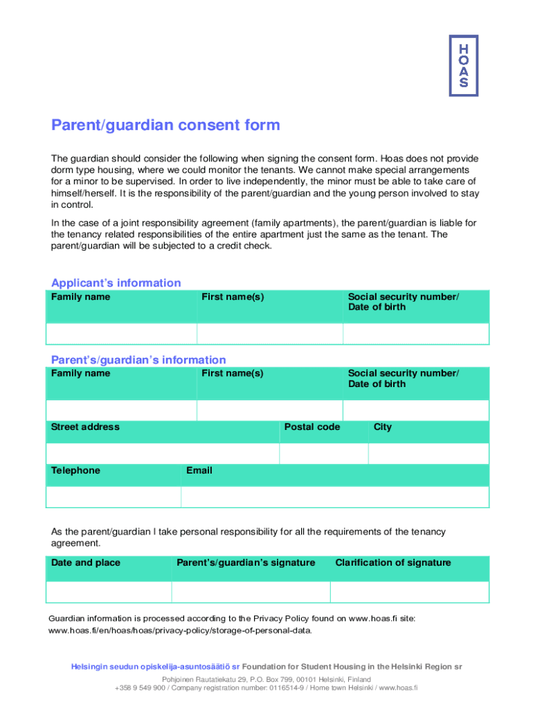 Fillable Online Parentguardian consent form. Hoas parent/guardian ...