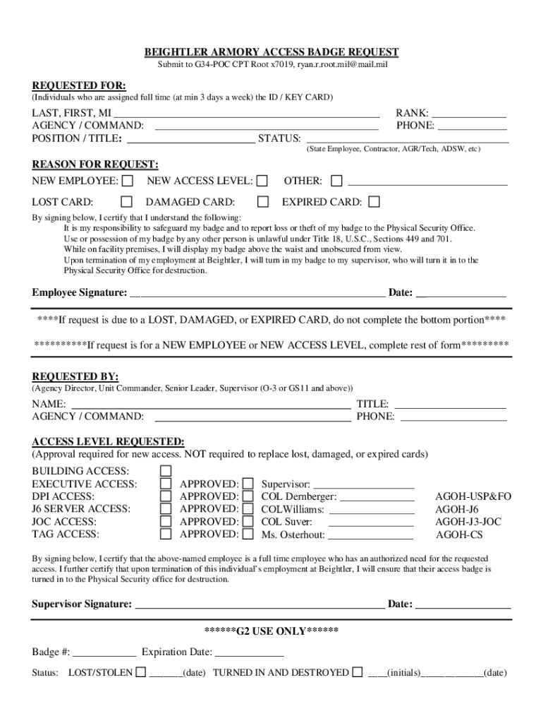 Fillable Online BEIGHTLER ARMORY ACCESS BADGE REQUEST Fax Email Print ...