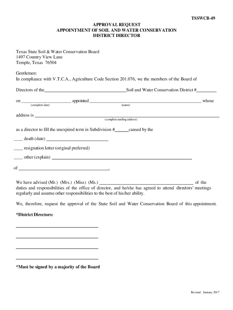 Fillable Online TSSWCB-49 APPROVAL REQUEST APPOINTMENT OF SOIL AND WATER ... Fax Email Print ...