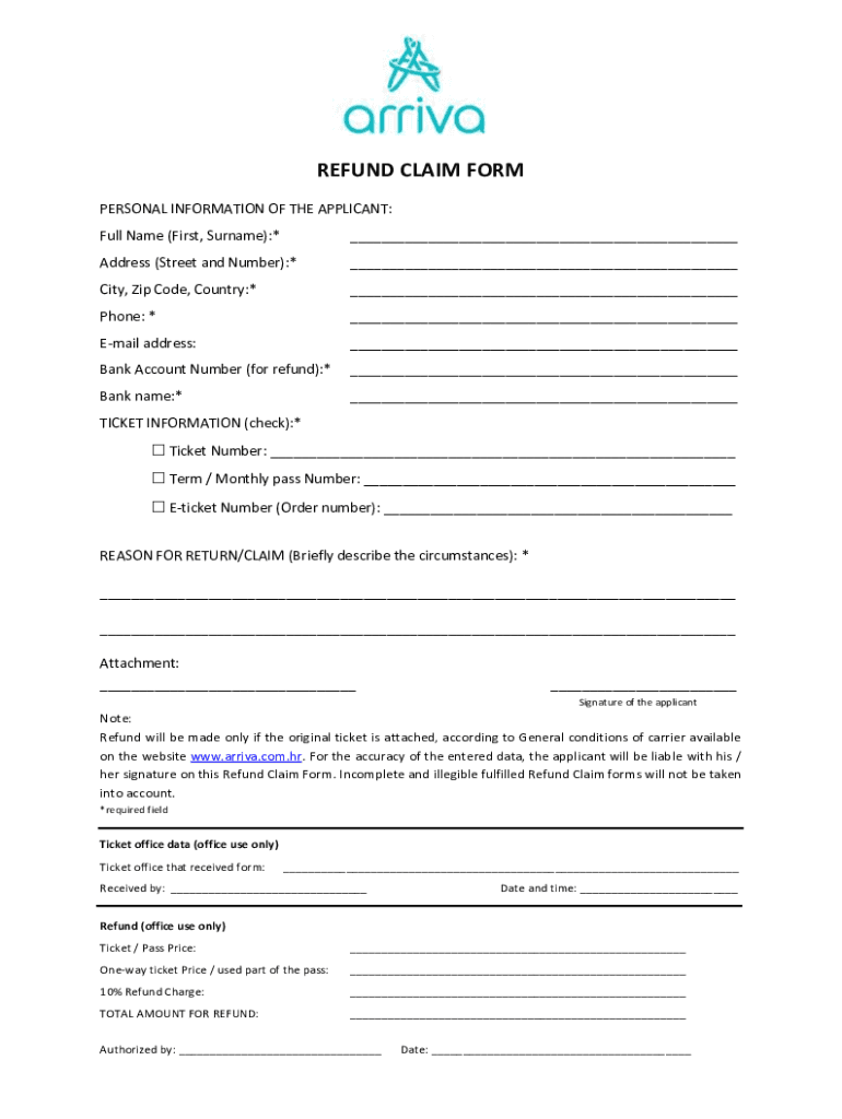 Fillable Online REFUND CLAIM FORM - arriva.com.hr Fax Email Print ...