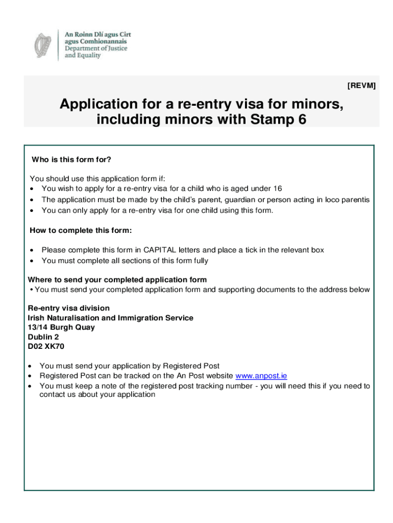 Fillable Online inis gov Re-entry visa application form for minors aged ...