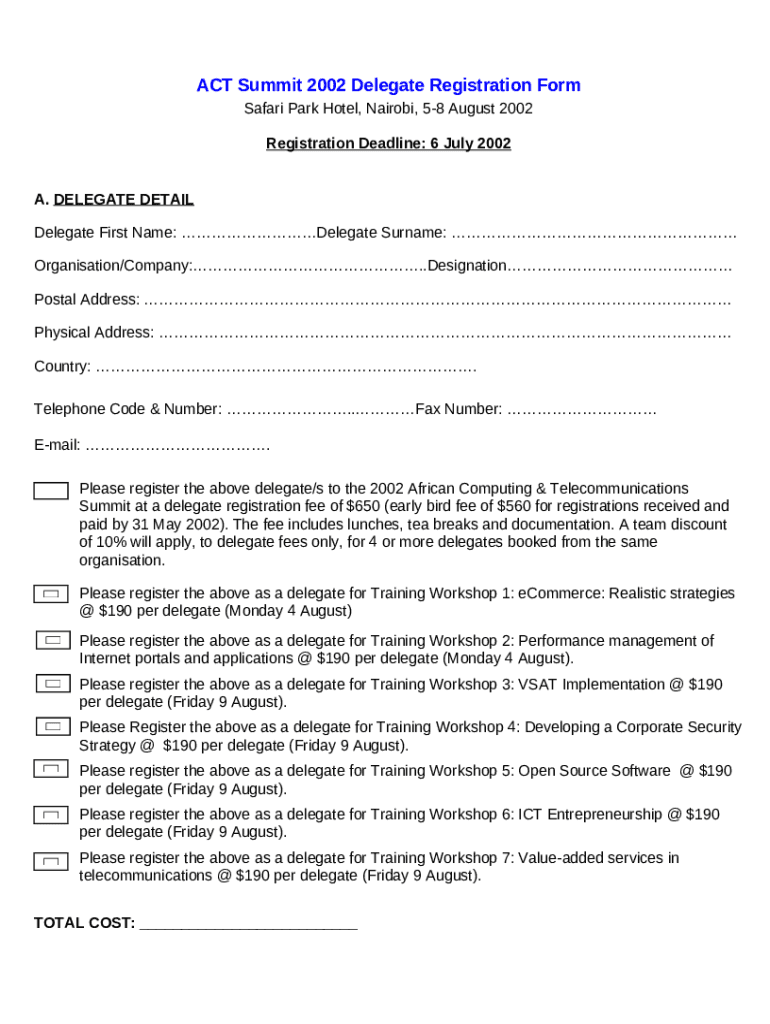 ACT Summit 2001 Delegate Registration Doc Template | pdfFiller