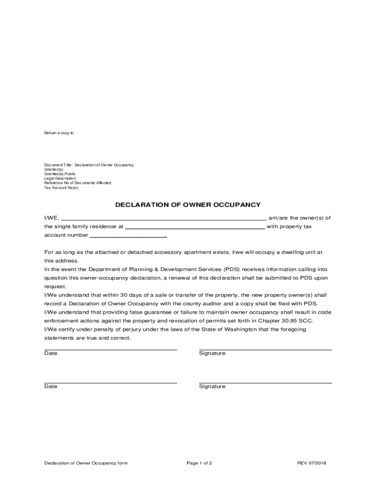 Fillable Online Declaration of Owner Occupancy Form Fax Email Print ...