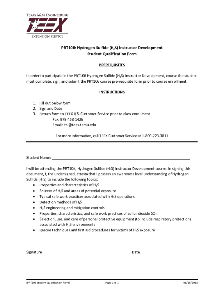 Fillable Online PRT106: Hydrogen Sulfide (H2S) Instructor Development ...