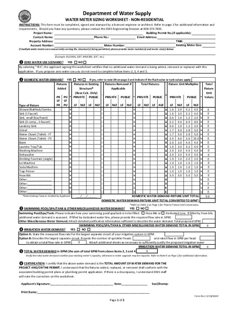 Fillable Online Water Meter Sizing Worksheet for Non-Residential Fax ...