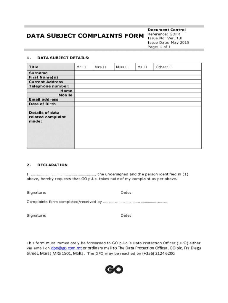 Fillable Online GO Data Subject Complaints Form Fax Email Print - pdfFiller