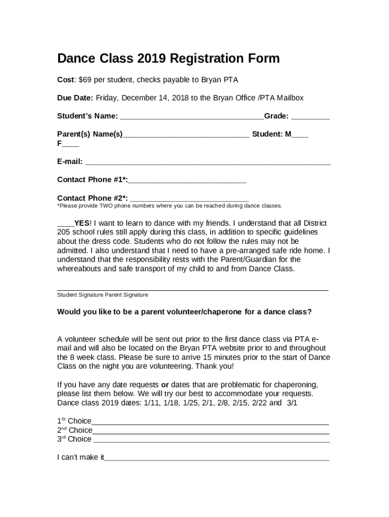 Dance Class 2019 Registration Doc Template | pdfFiller
