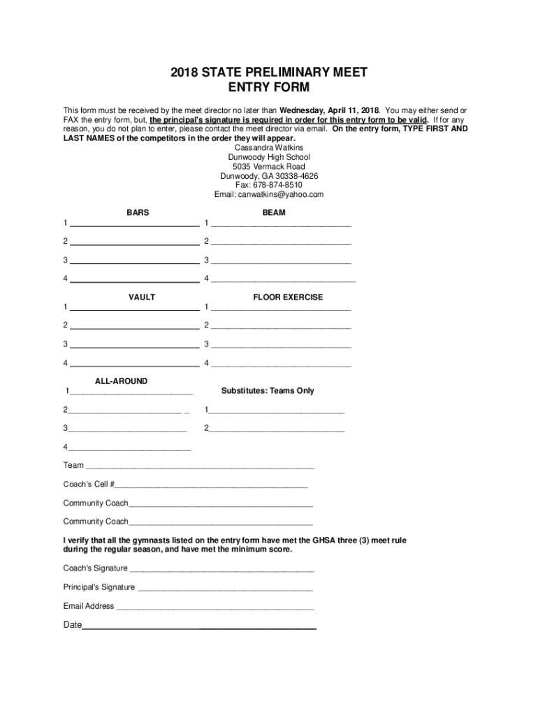 Fillable Online 2018 STATE PRELIMINARY MEET ENTRY FORM - GHSA.net Fax ...