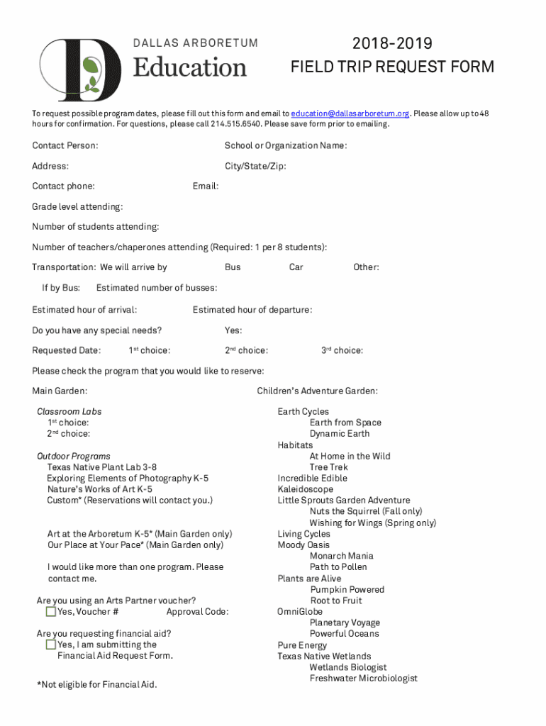 Fillable Online DALLAS ARBORETUM Education OUTREACH REQUEST FORM Fax ...