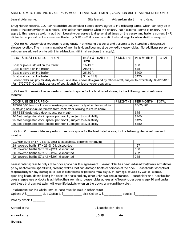 Fillable Online ADDENDUM TO EXISTING RV OR PARK MODEL LEASE AGREEMENT ...