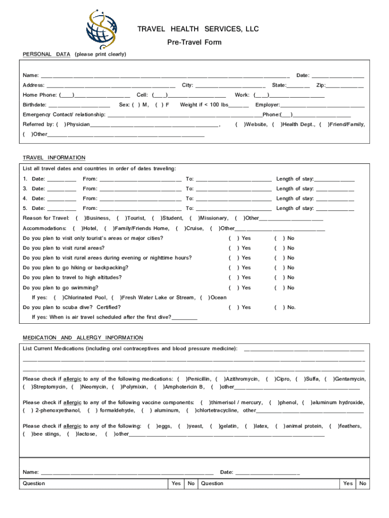 Pre-Travel Health Form - Blank Fillable Template | Fill Out, Print ...