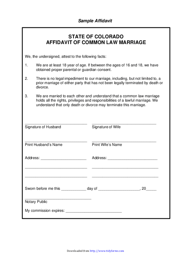 Fillable Online Colorado Affidavit of Common Law Marriage Template ...
