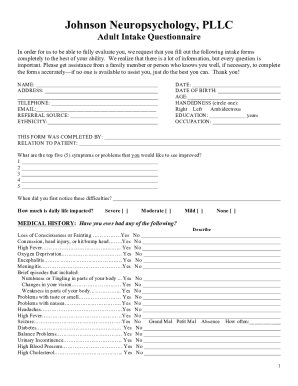 Fillable Online Intake Questionnaire For New Patients (Adult)Client ...