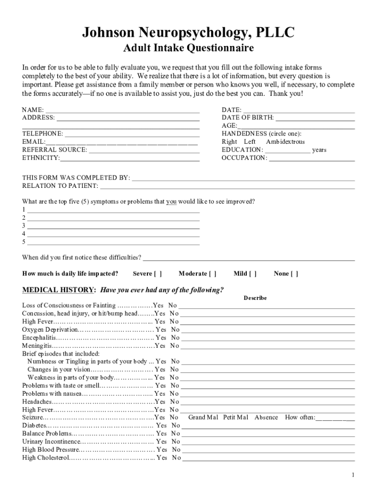 Fillable Online Intake Questionnaire For New Patients (Adult)Client ...