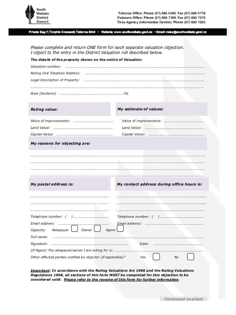 Fillable Online Rating Valuation Objection Form Fax Email Print - pdfFiller