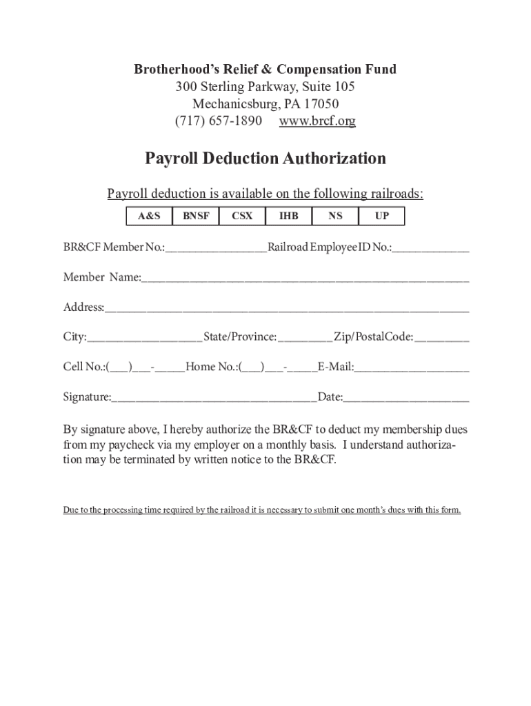 Fillable Online Payroll Deduction Authorization - Brotherhood's Relief ...