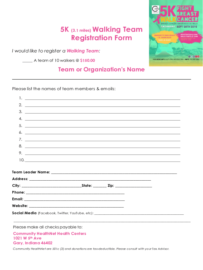 Fillable Online 5K (3.1 miles) Walking Team Registration Form Fax Email ...