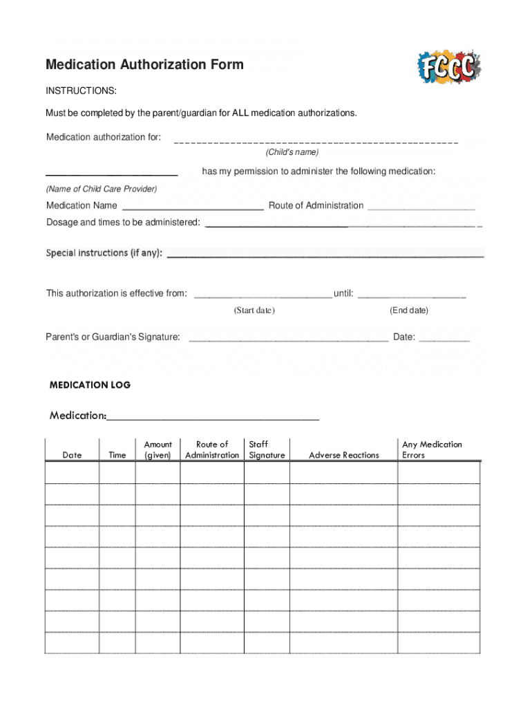 Fillable Online Medication Authorization Form - Parks & Recreation Fax Email Print - pdfFiller